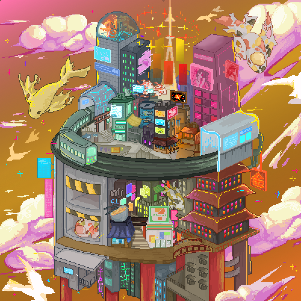 Pixilart - City of the sky 🩷🚊🏢💛🚦🏪🧡 by Karryyyyy